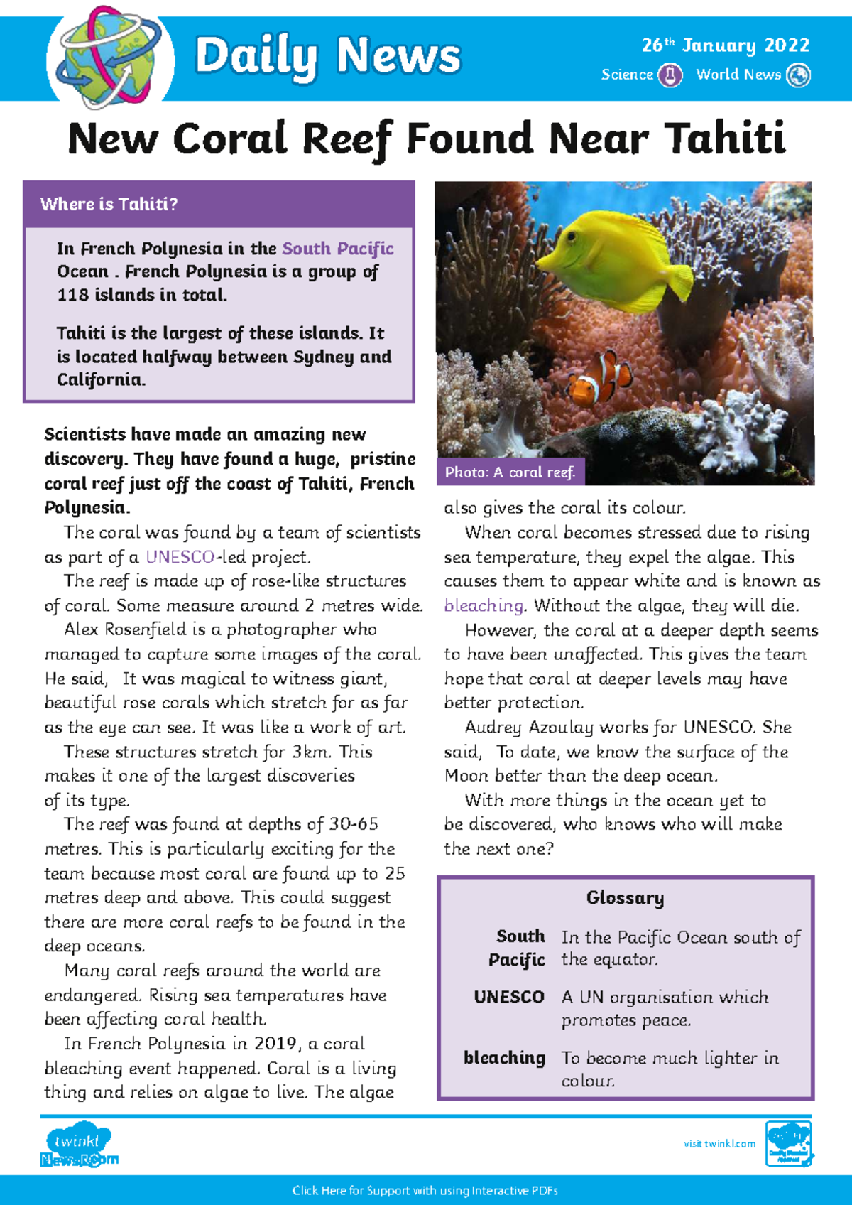 Daily Article: New Coral Reef Discovery Near Tahiti - LKS2 (7-9) - Studocu