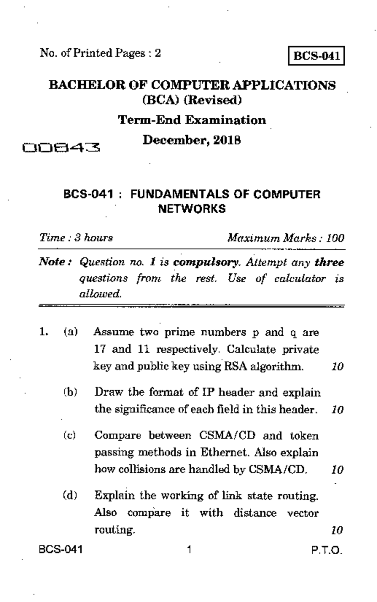 BCS-041 - Previous Year Questions for Computer Networks Exam - Studocu