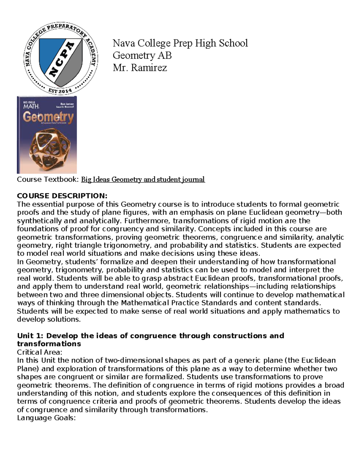 Nava College Prep Geometry AB Syllabus: Course Overview & Units - Studocu