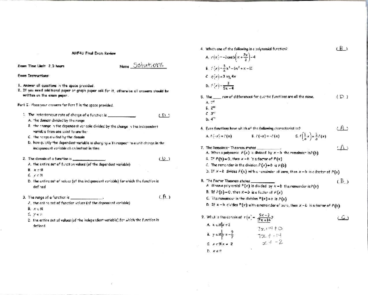 MHF4U Final Exam Review Solutions: Polynomial Functions and More - Studocu