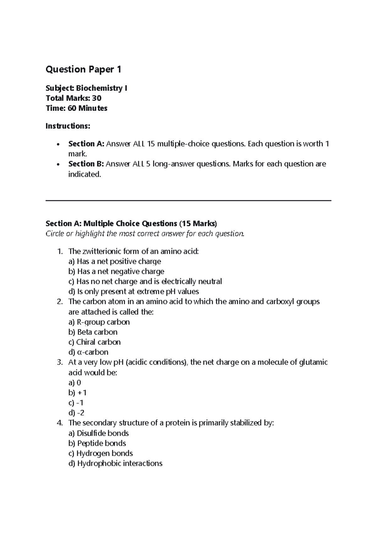 Biochemistry I - Question Paper 1: MCQs & Long Questions - Studocu
