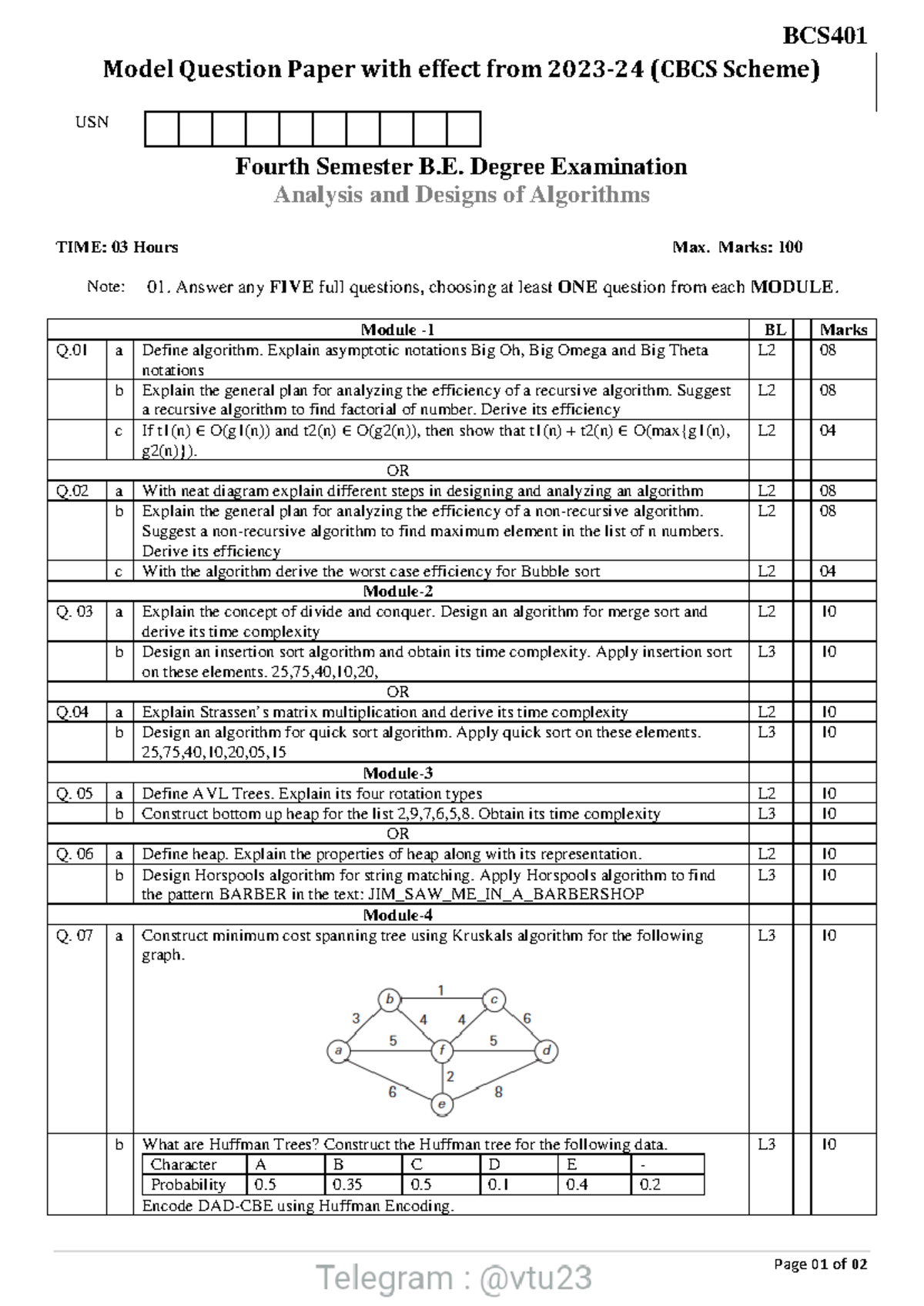 BCS 4th Sem Analysis & Design of Algorithms Model QP 2023-24 - Studocu