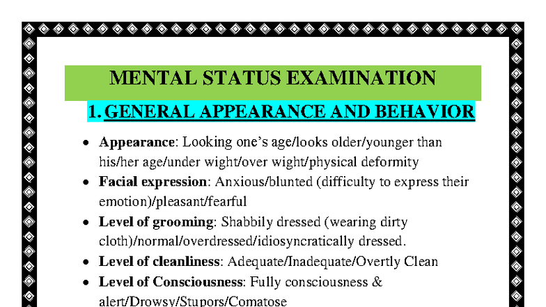 MHN 240: Mental Status Examination Format and Assessment Notes - Studocu