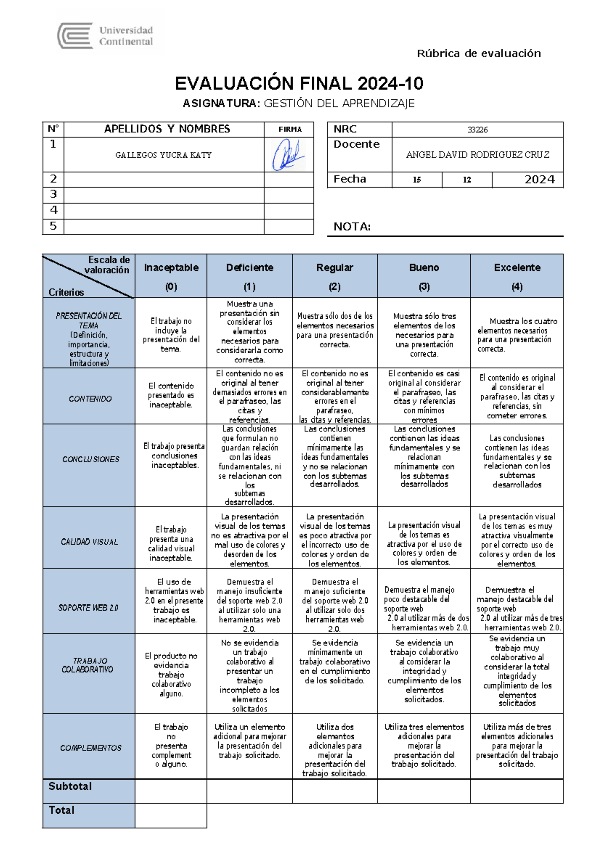 Rúbrica Evaluación Final - NRC 33226 Gestión del Aprendizaje 2024 - Studocu