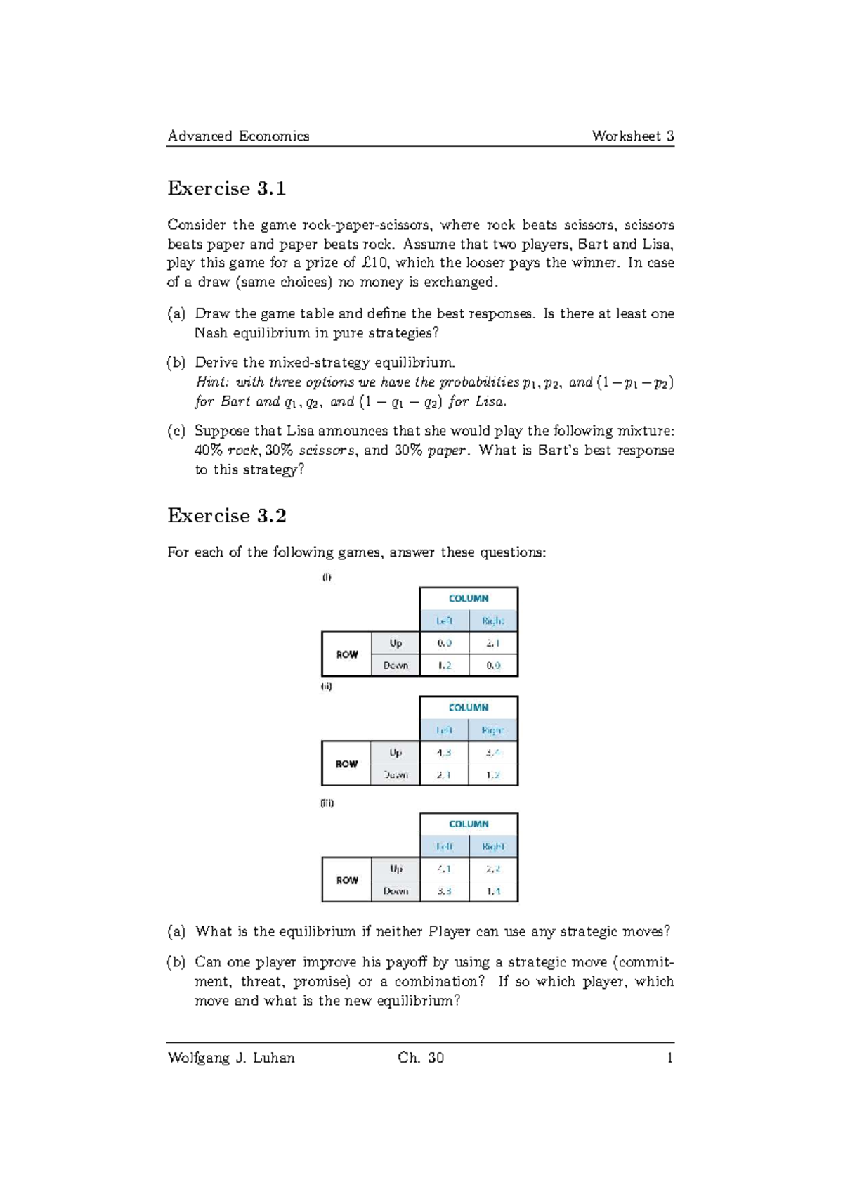 Advanced Economics Worksheet 3: Game Theory Exercises - Studocu