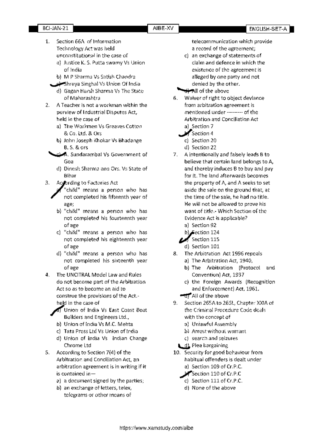 AIBE 15 Question Paper: Key Legal Concepts and Case Laws - Studocu
