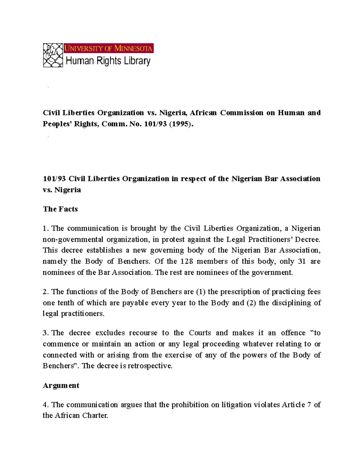 Civil Liberties Org. vs Nigeria: A Human Rights Case Study (Comm. 101/ ...