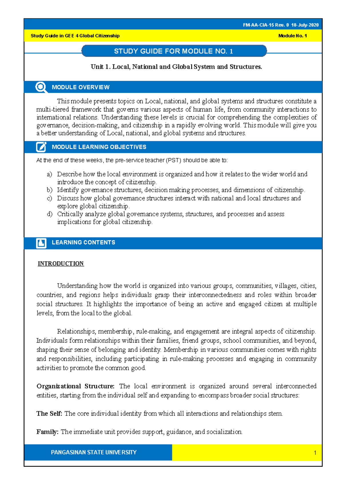 GEE 4 Study Guide: Global Citizenship Module 1 - Local, National, and ...