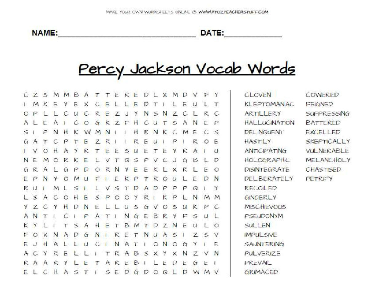 Percy Jackson Vocab Words Worksheet - Word Search Activity - Studocu