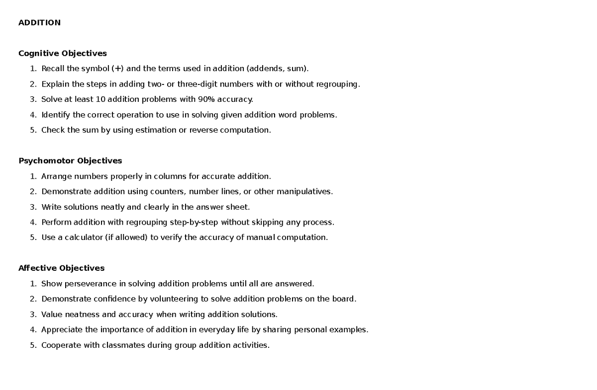 Common Objectives in Four Basic Operations: Addition, Subtraction ...