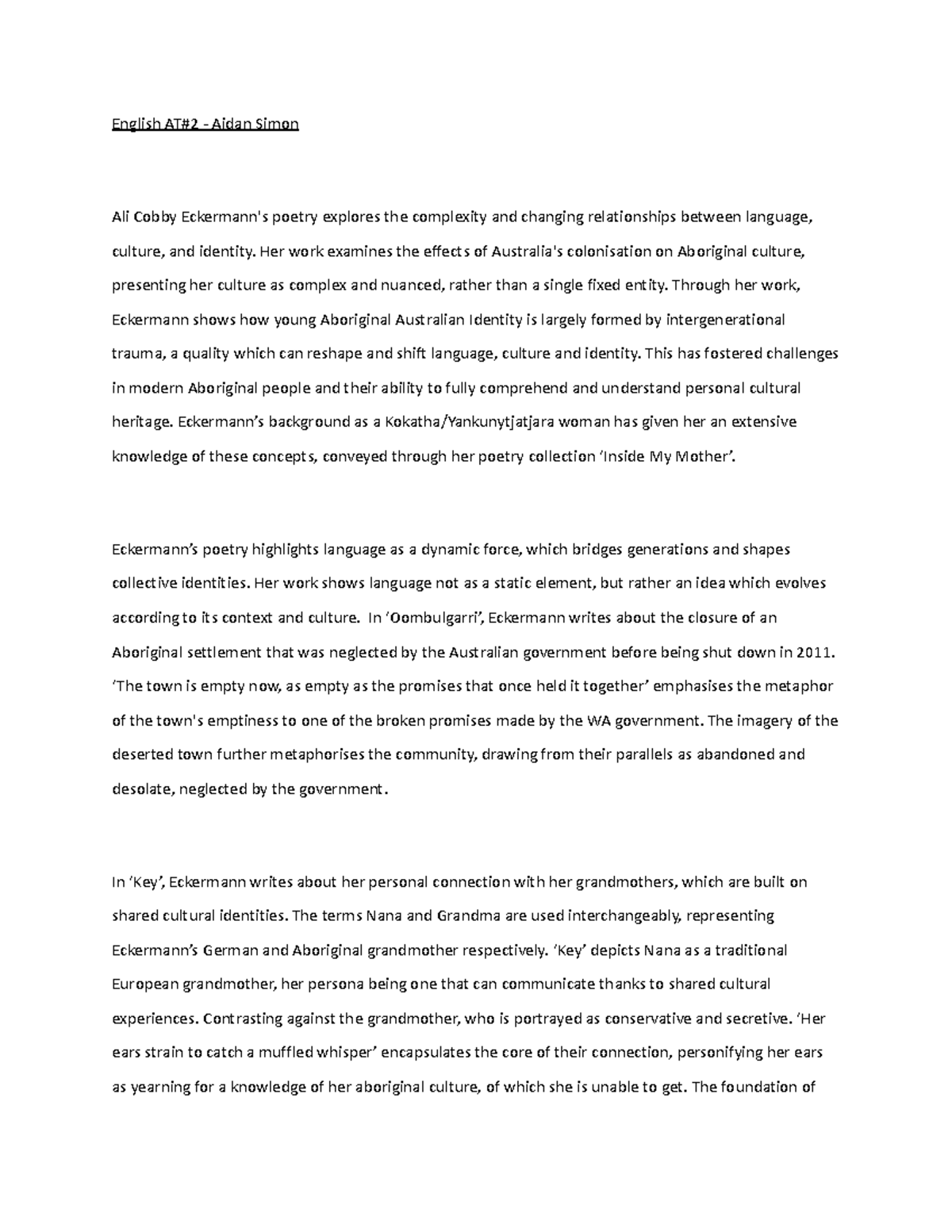 English AT#2 - Analysis of Ali Cobby Eckermann's Poetry - Studocu