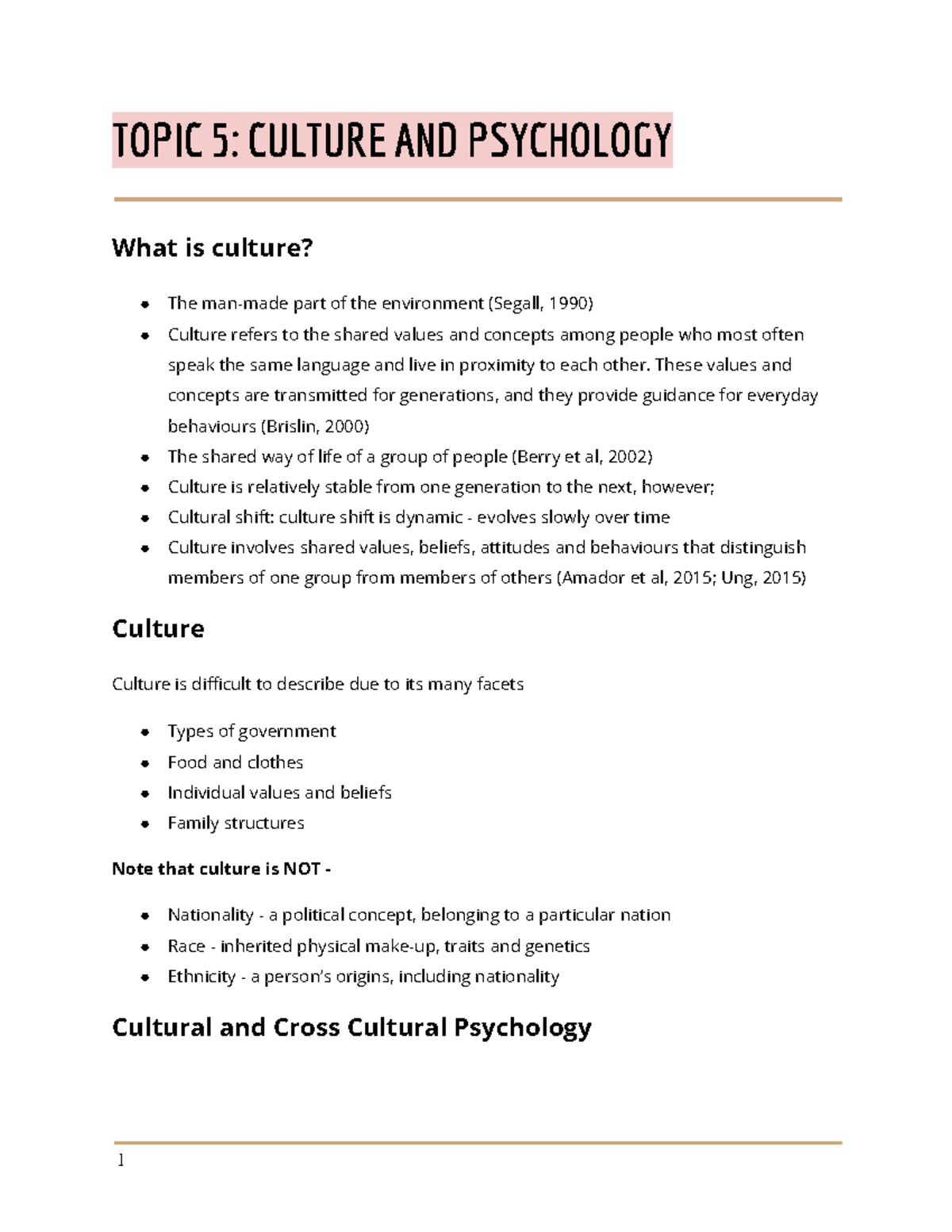CULTURE AND PSYCHOLOGY: TOPIC 5 - Key Concepts and Dynamics - Studocu
