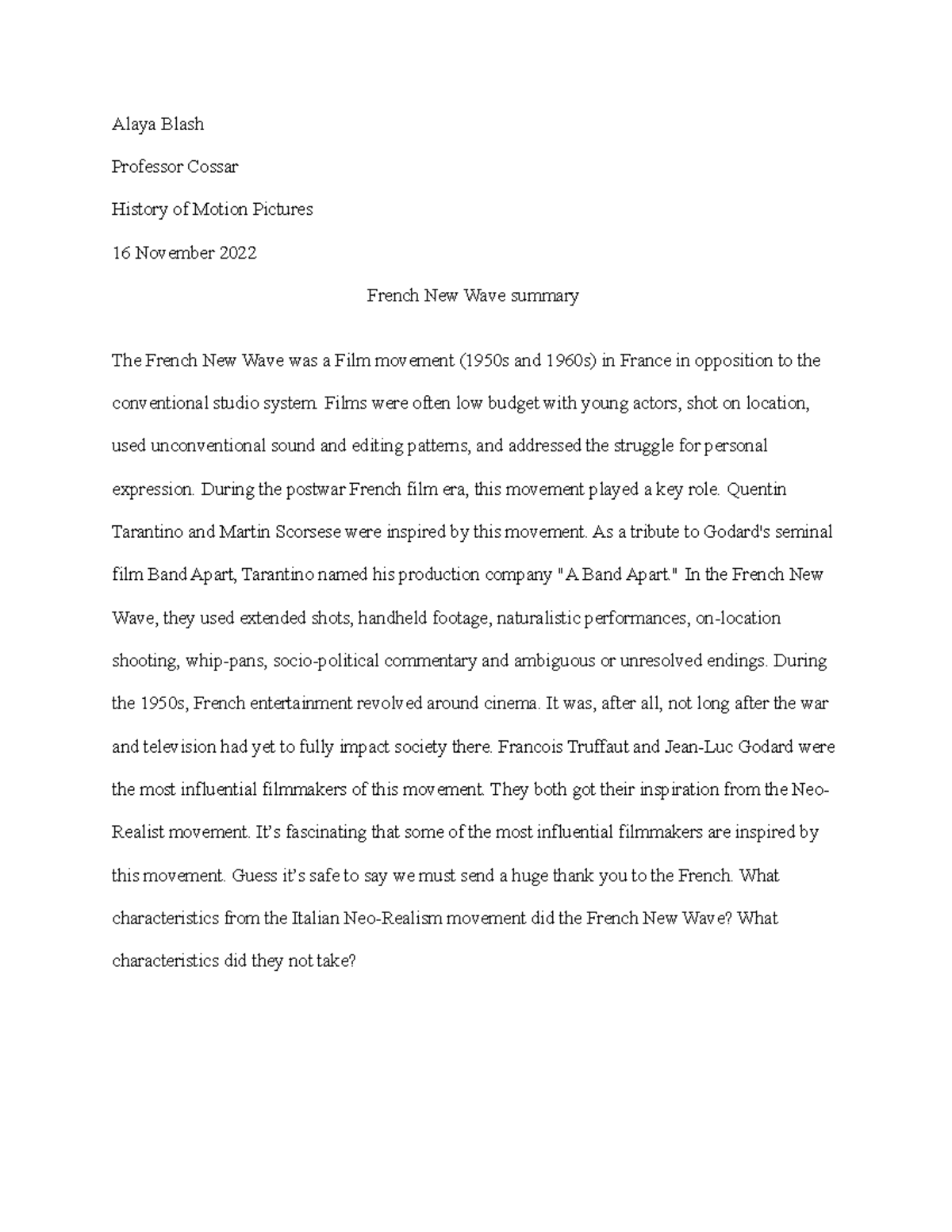 HIST 202 - Summary of the French New Wave Film Movement - Studocu