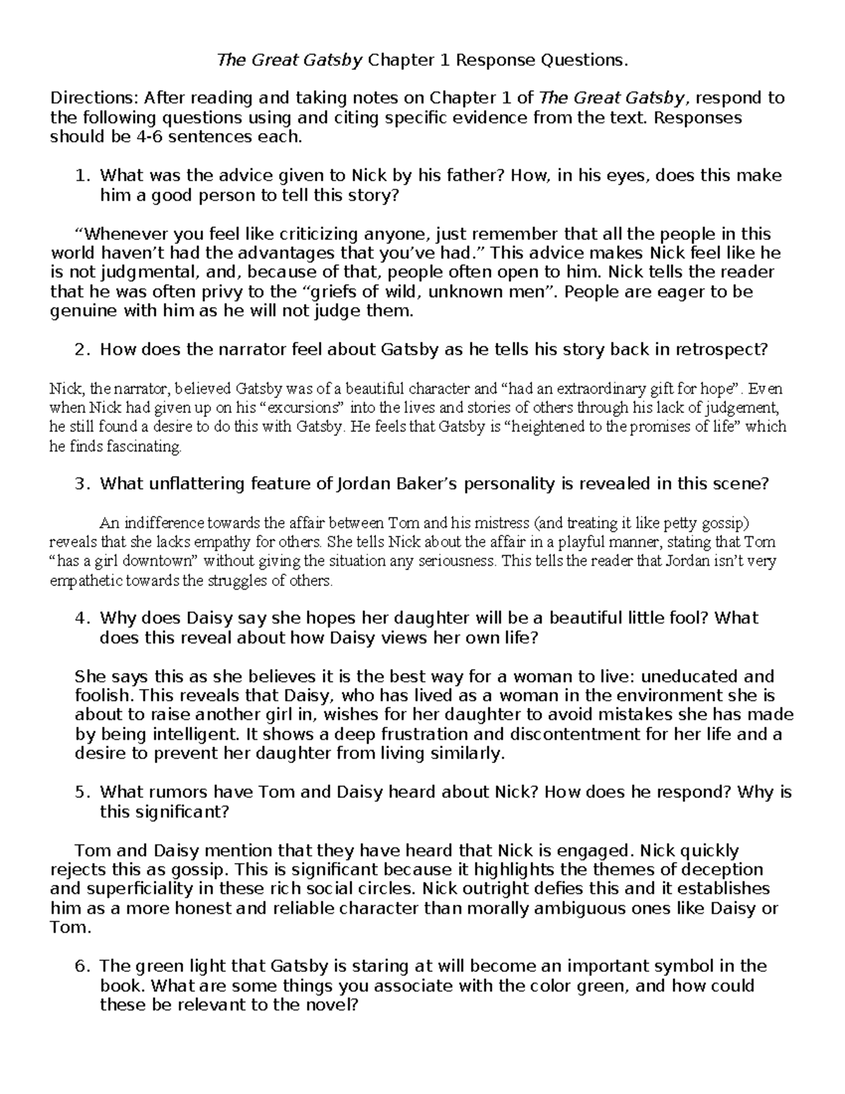 The Great Gatsby Chapter 1 Response Questions - Directions: After ...