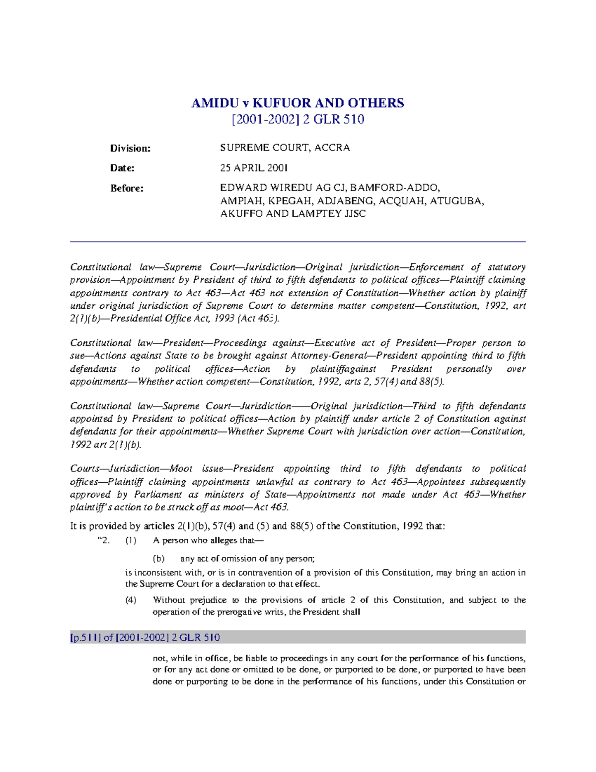 Awuni v WAEC case brief - CASE BRIEF MARIAN AWUNI V. WAEC [2003-2004] 1 ...