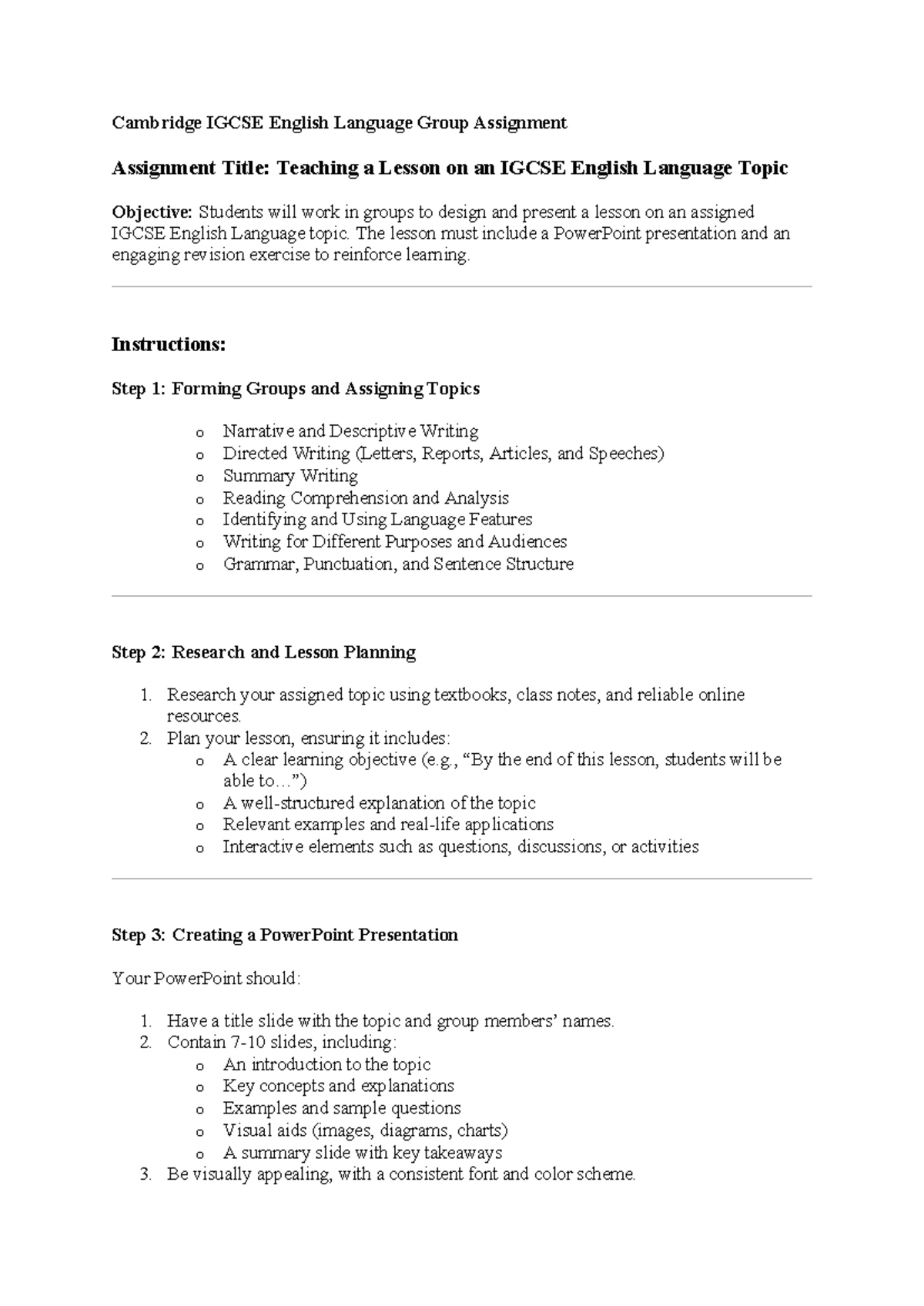 Cambridge IGCSE English Language Group Assignment Guidelines - Studocu