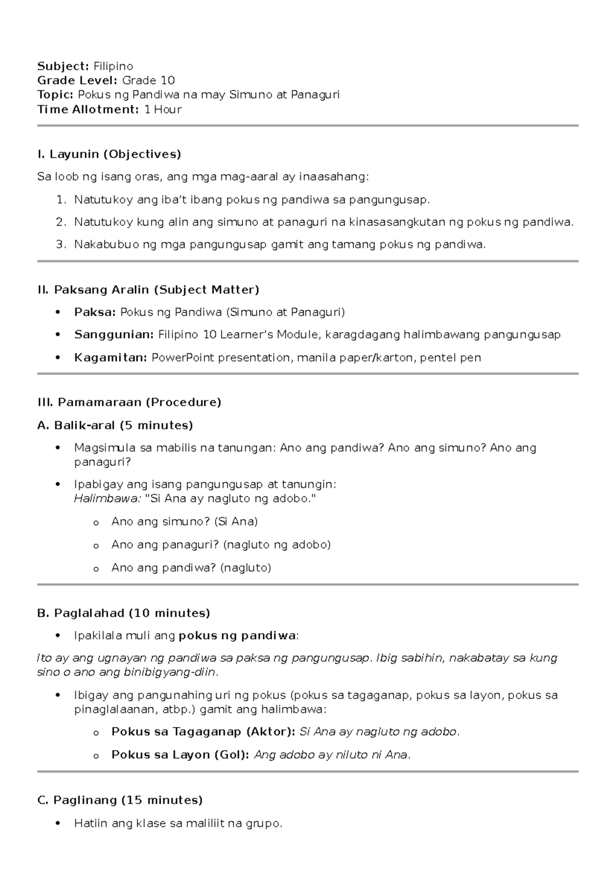 Filipino 10 Lesson Plan: Pokus ng Pandiwa (Simuno at Panaguri) - Studocu