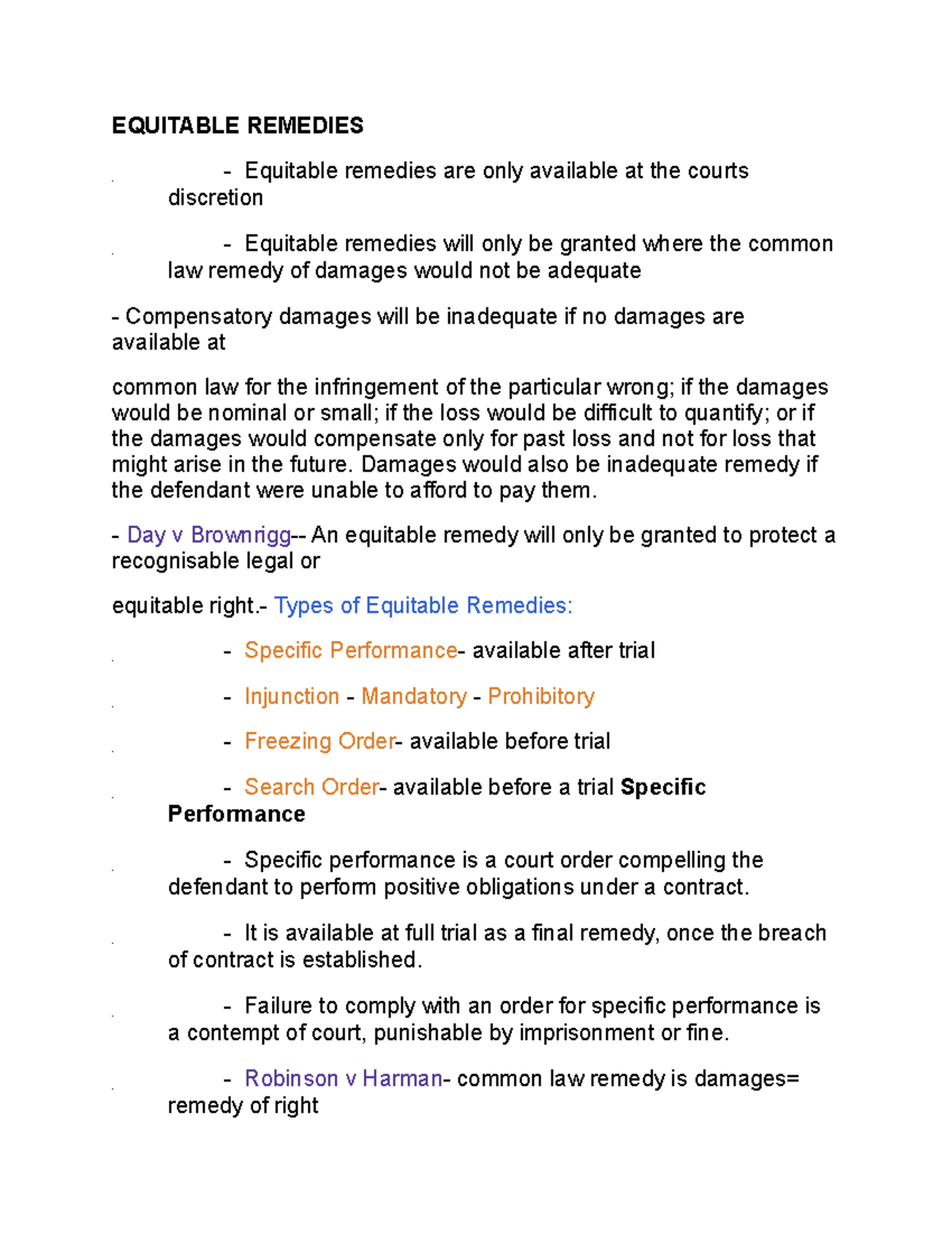 Equitable Remedies (LAW101) - Comprehensive Study Notes - Studocu