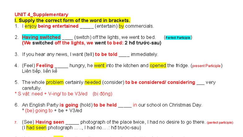 Unit 4_Supplementary Exercises: Perfect & Present Participles - Studocu