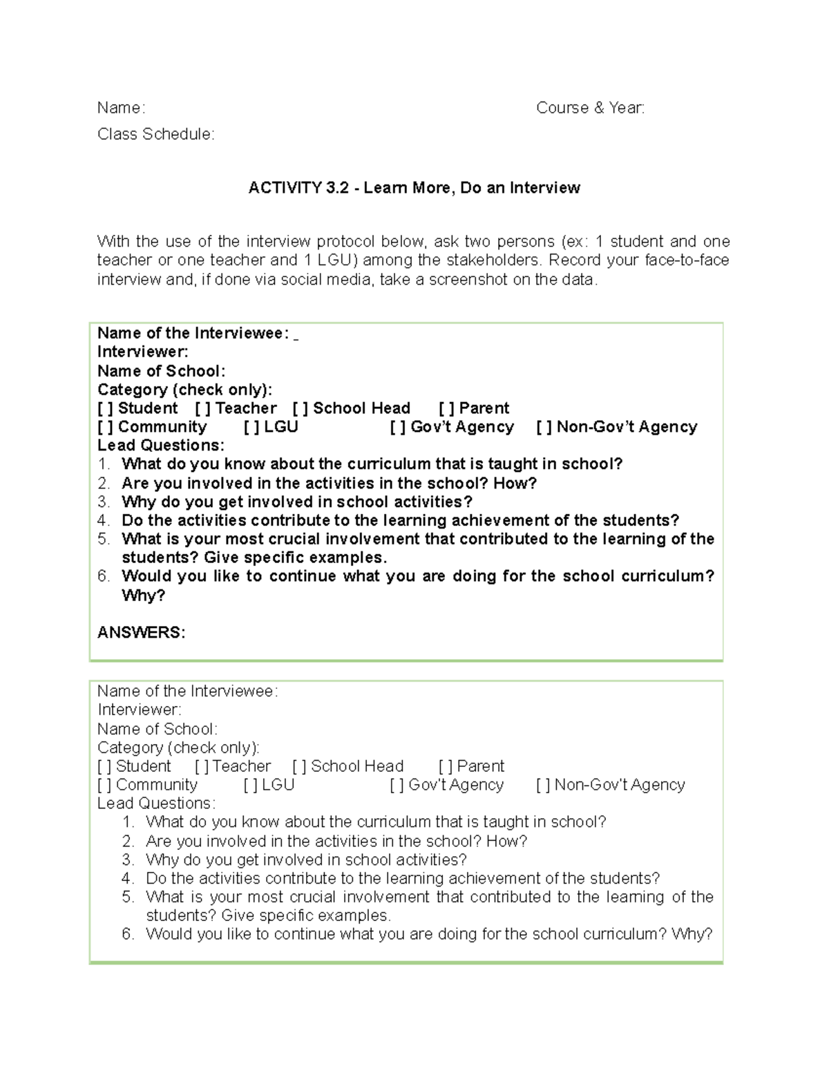 Learning Task 3.2 Pr Ed132n - Name: Course & Year: Class Schedule ...