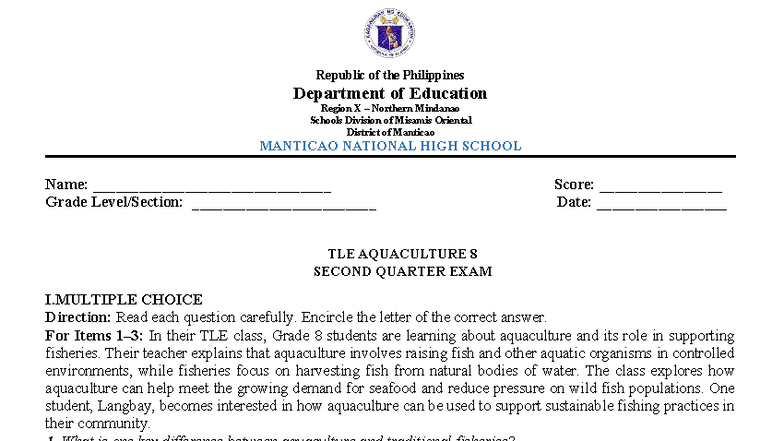 TLE 8 Aquaculture 2nd Quarter Exam Review and Study Guide - Studocu