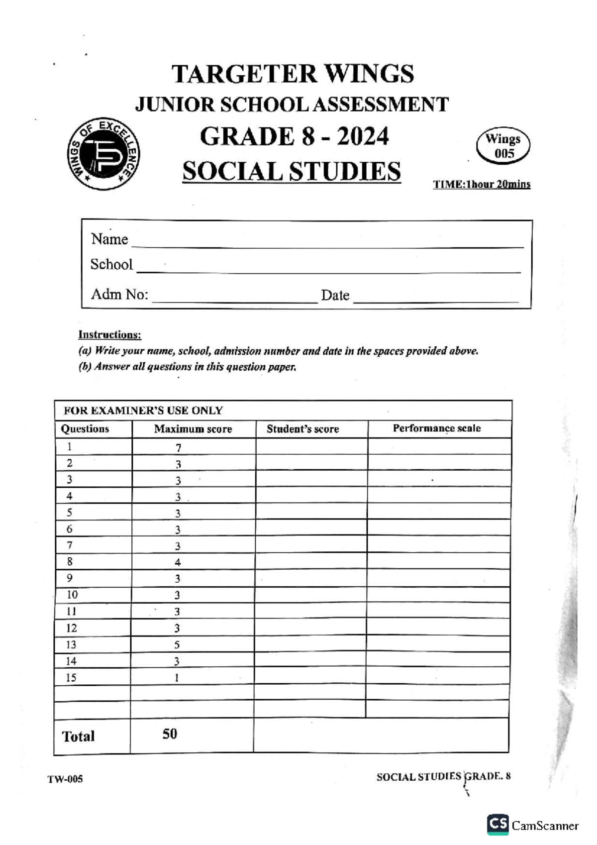 G8 Social Studies Assessment - Targeter Wings Junior School 2024 - Studocu