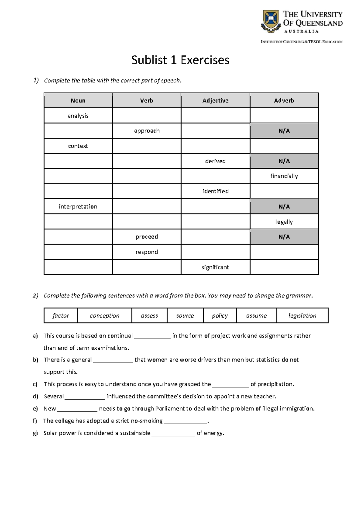 Academic Word List - Sublist 1 Exercises and Answers - Studocu