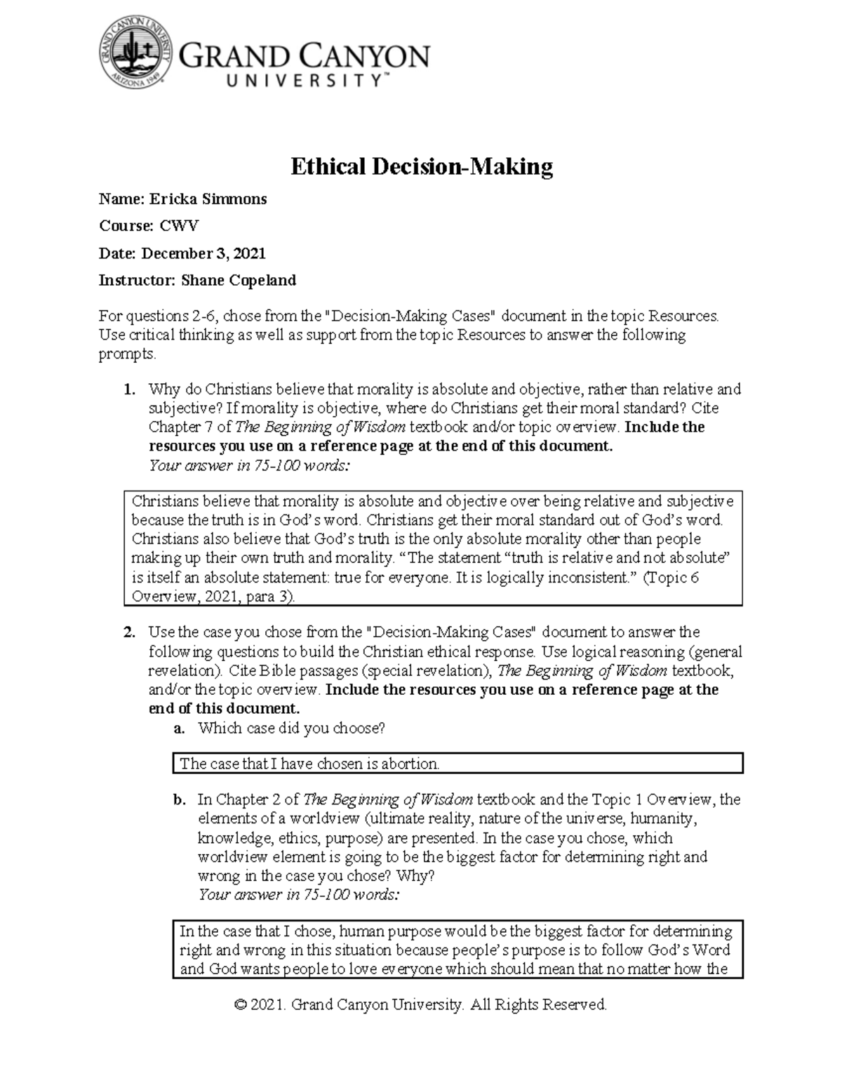 CWV Ethical Decision-Making: A Christian Perspective on Morality - Studocu