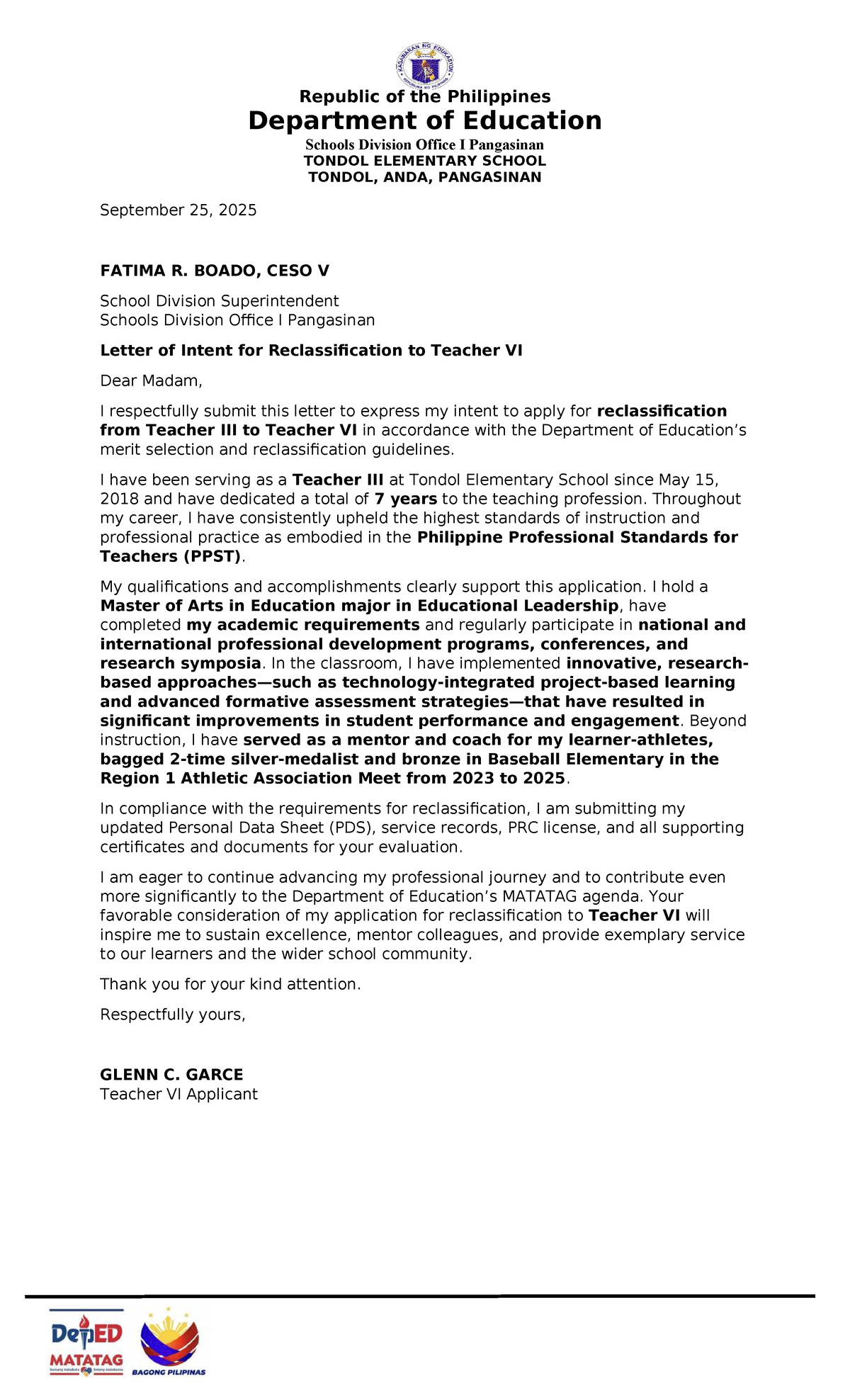 Intent Letter for Reclassification to Teacher VI - WRER - Studocu