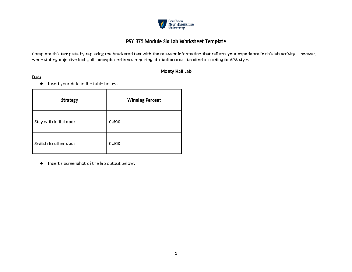 PSY 375 Module Six Lab Worksheet Allison Wray - PSY 375 Module Six Lab ...