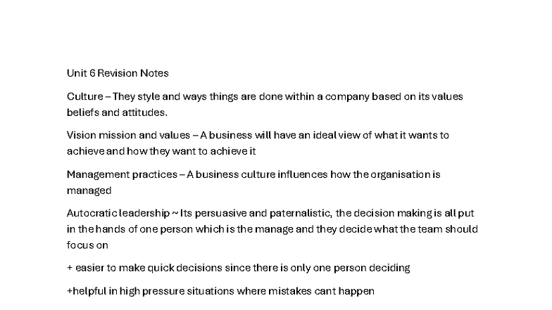 Unit 6 Revision Notes: Understanding Business Culture and Management ...