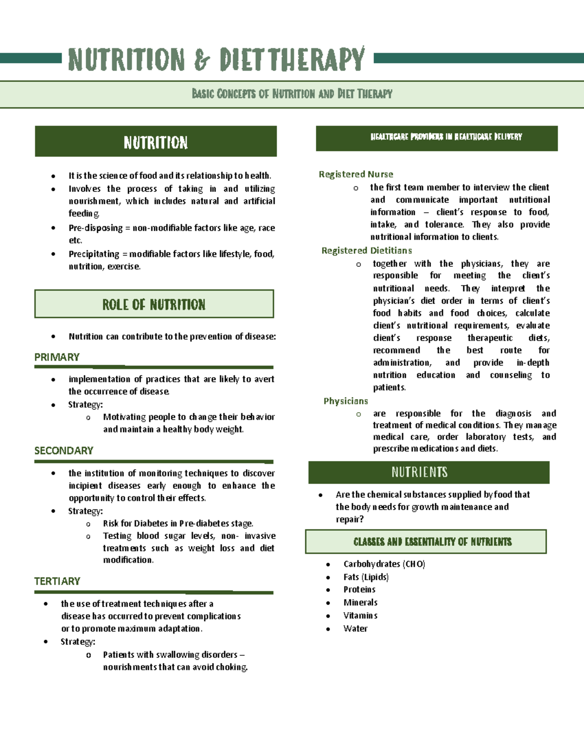 Basic Concepts of Nutrition & Diet Therapy: An Overview for HCPs - Studocu