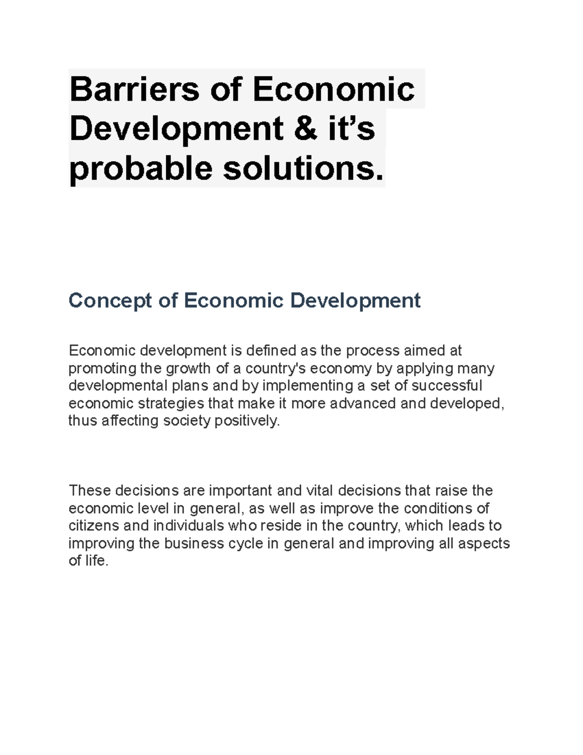 Barriers to Economic Development & Solutions - Assignment ECON 101 ...
