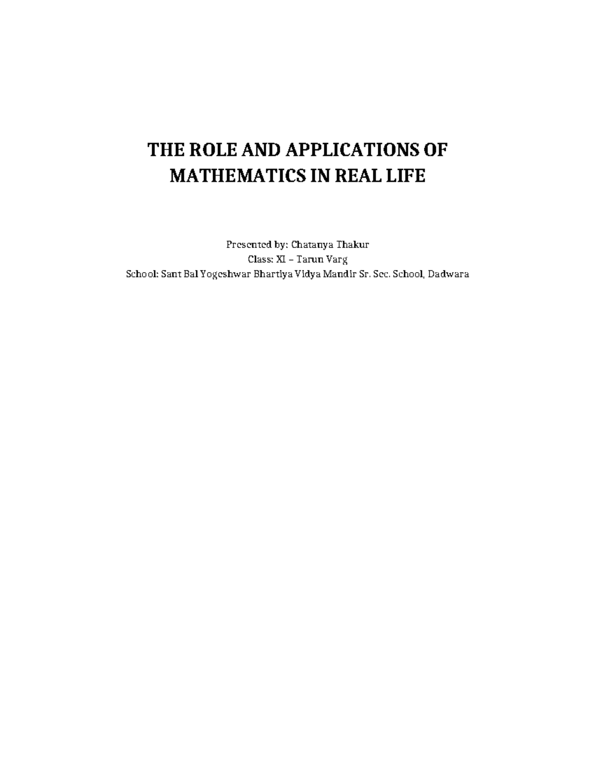 Mathematics Project: Real-Life Applications & Concepts (Class XI) - Studocu