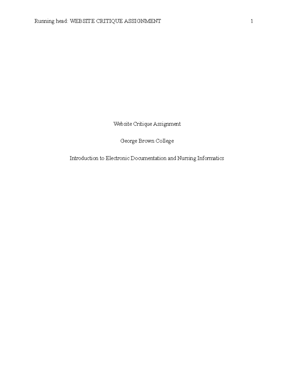 Website critique NURS1082 - Running head: WEBSITE CRITIQUE ASSIGNMENT 1 ...