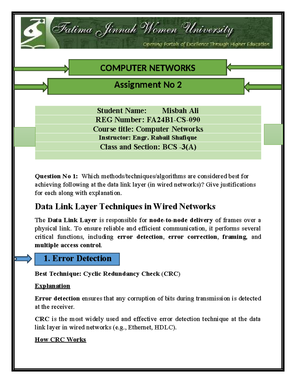 COMPUTER NETWORKS Assignment 2: Data Link Layer Techniques Explained ...