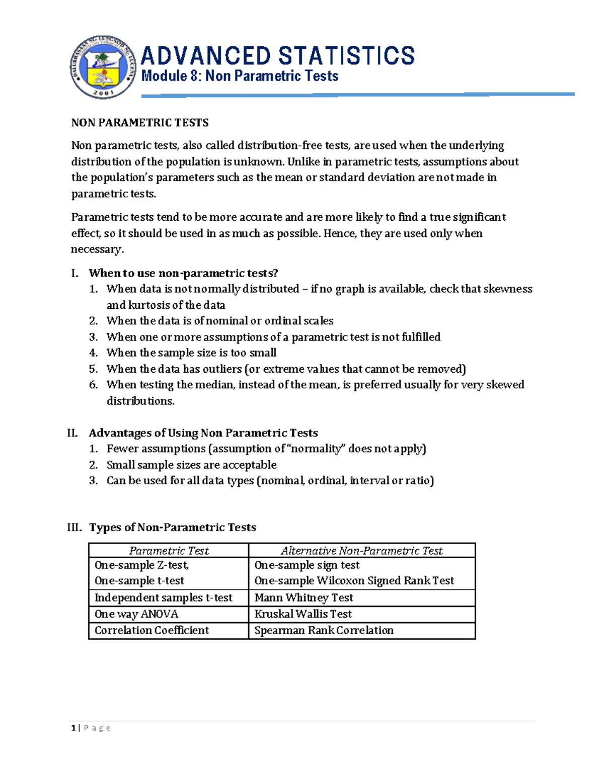 ADVANCED STATISTICS 614611489 Module 8: Non Parametric Tests - Studocu