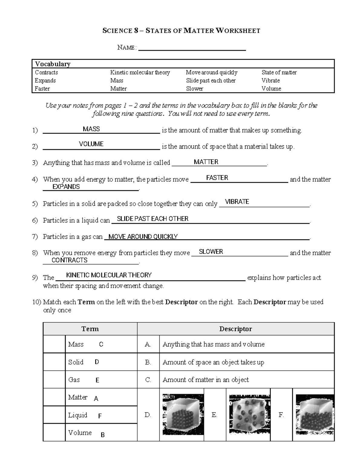 SCIENCE 8 STATES OF MATTER WORKSHEET: KMT Vocabulary Guide - Studocu