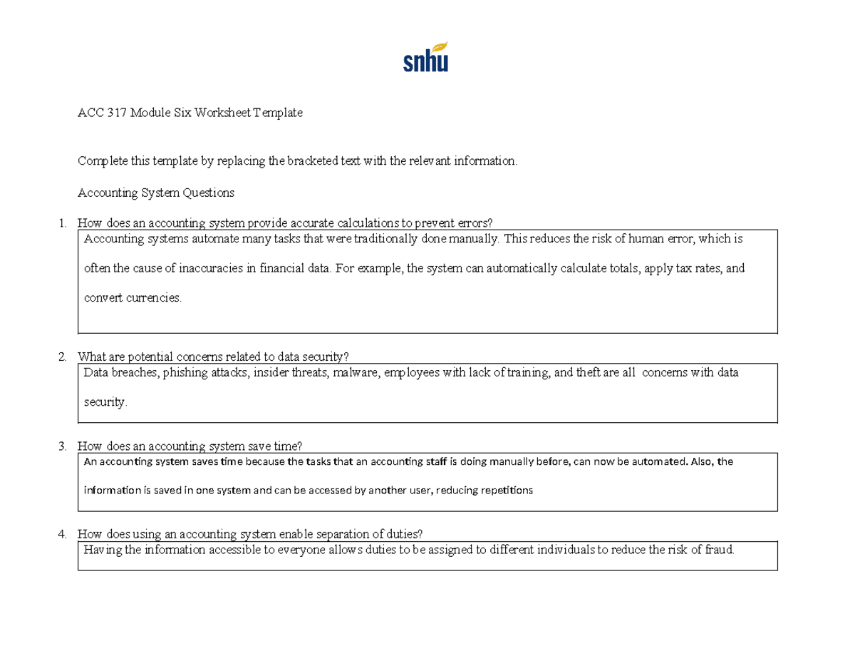 ACC 317 Module 6 Worksheet: Accounting Systems & Anomaly Analysis - Studocu