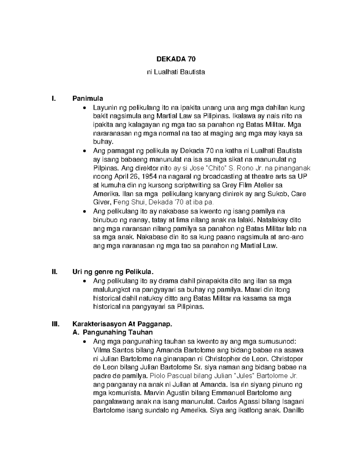 Dekada 70: Isang Pagsusuri sa Pelikulang Lualhati Bautista - Studocu