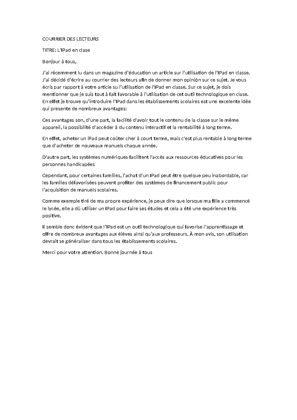 Courrier DES Lecteurs - Práctica de texto en francés comprensión ...
