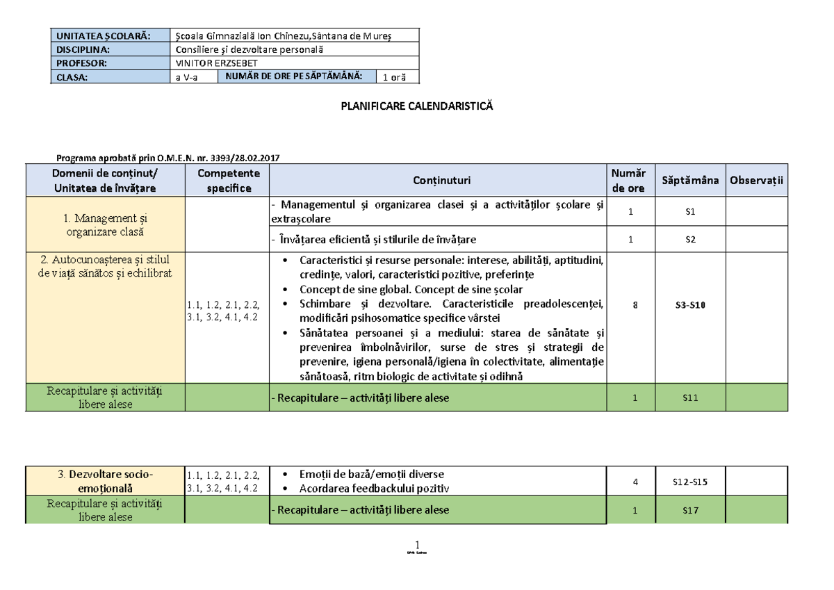 Planificare Dirigenție Clasa 5 - Consiliere și Dezvoltare Personală ...