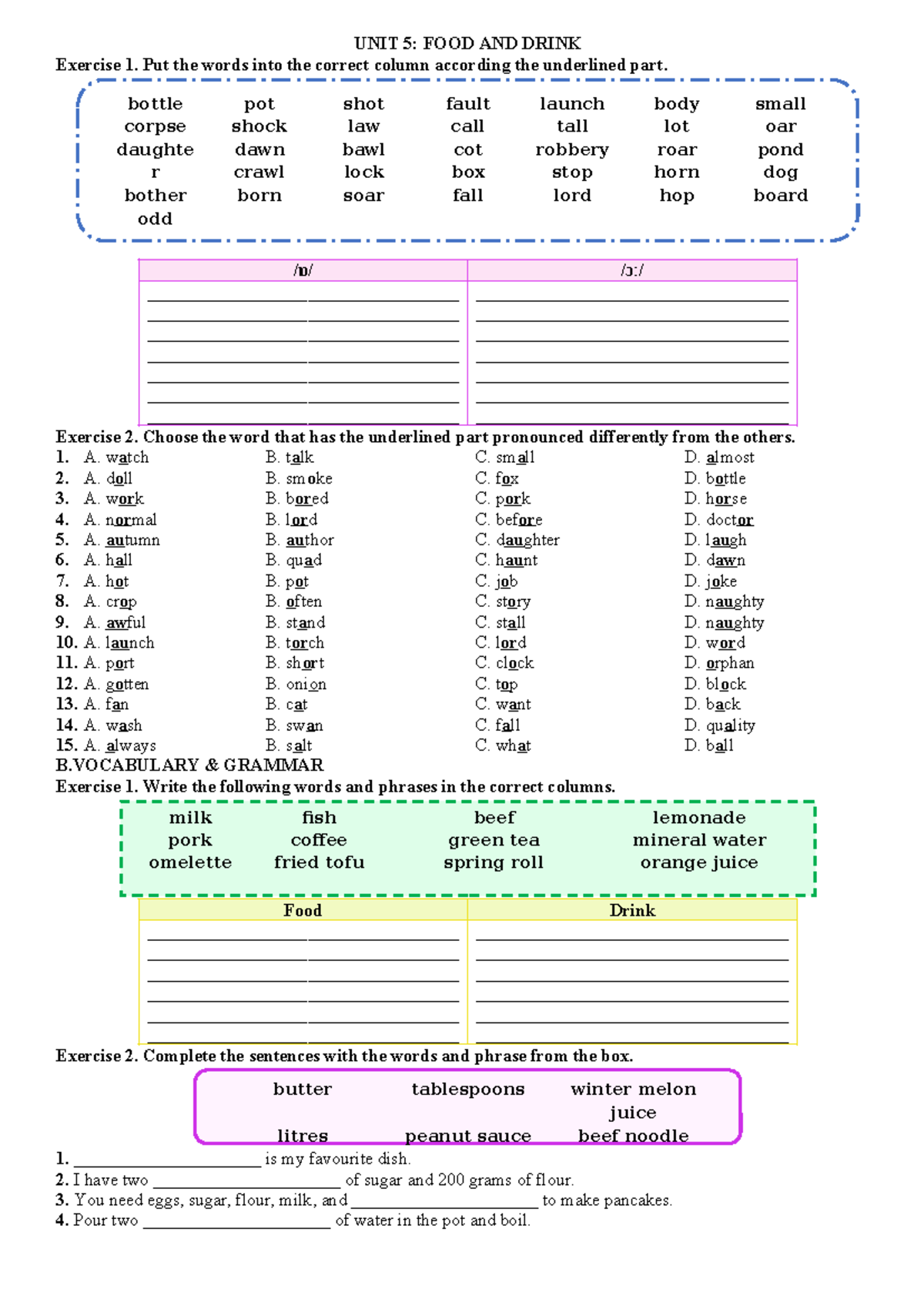 Unit 5 (HS) - Food and Drink Exercises and Vocabulary Activities - Studocu