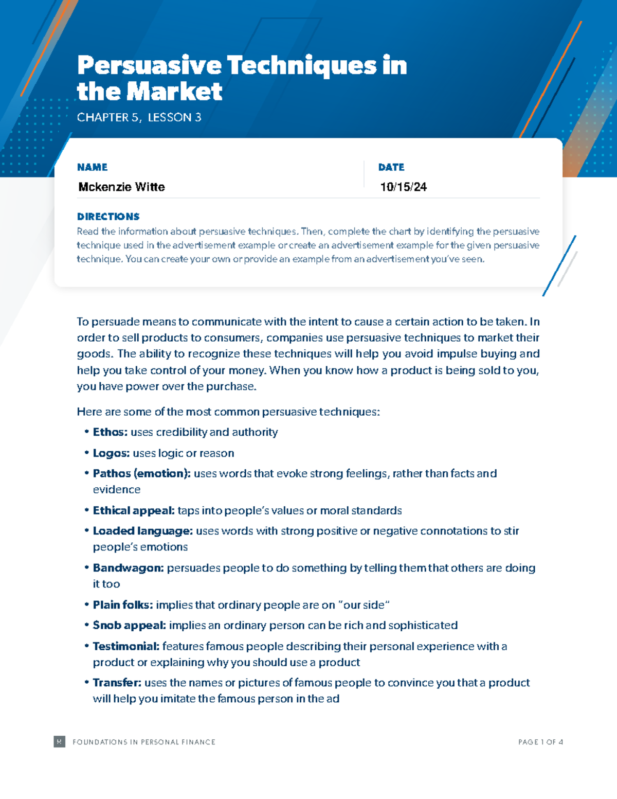 Foundations in Personal Finance - Ch 5, L 3: Persuasive Techniques ...