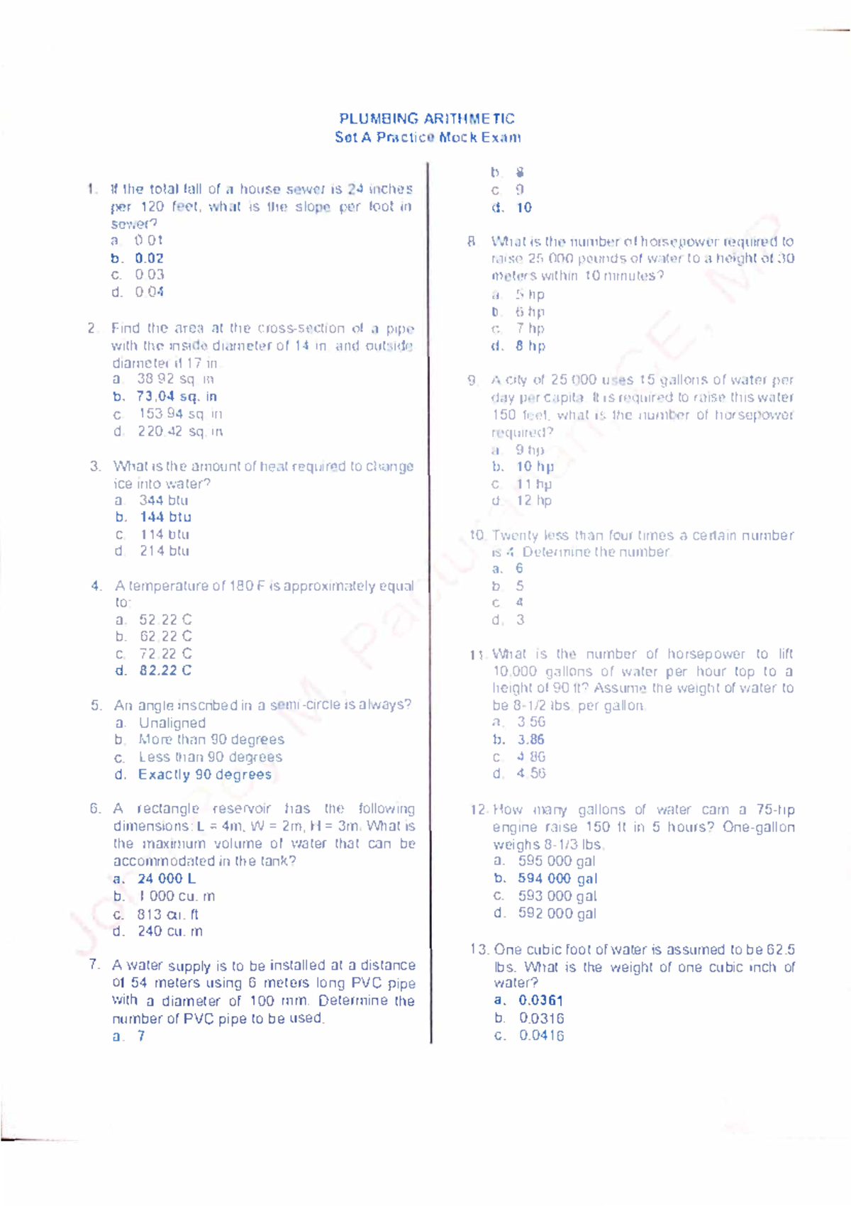 1st Mock Exam on Plumbing - Practical Questions and Solutions - Studocu