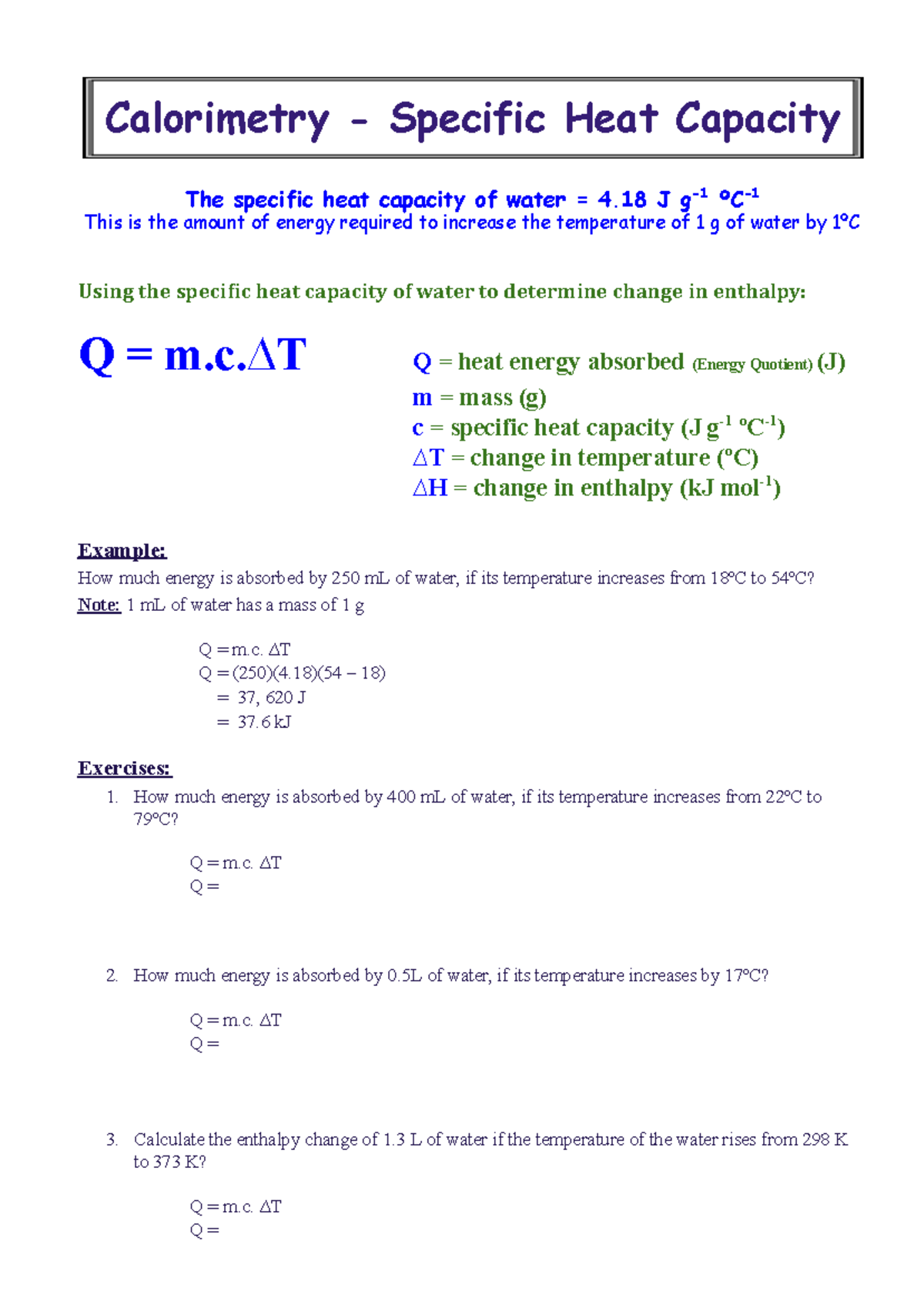 Calorimetry: Specific Heat Capacity & Enthalpy Calculations (CHEM101 ...