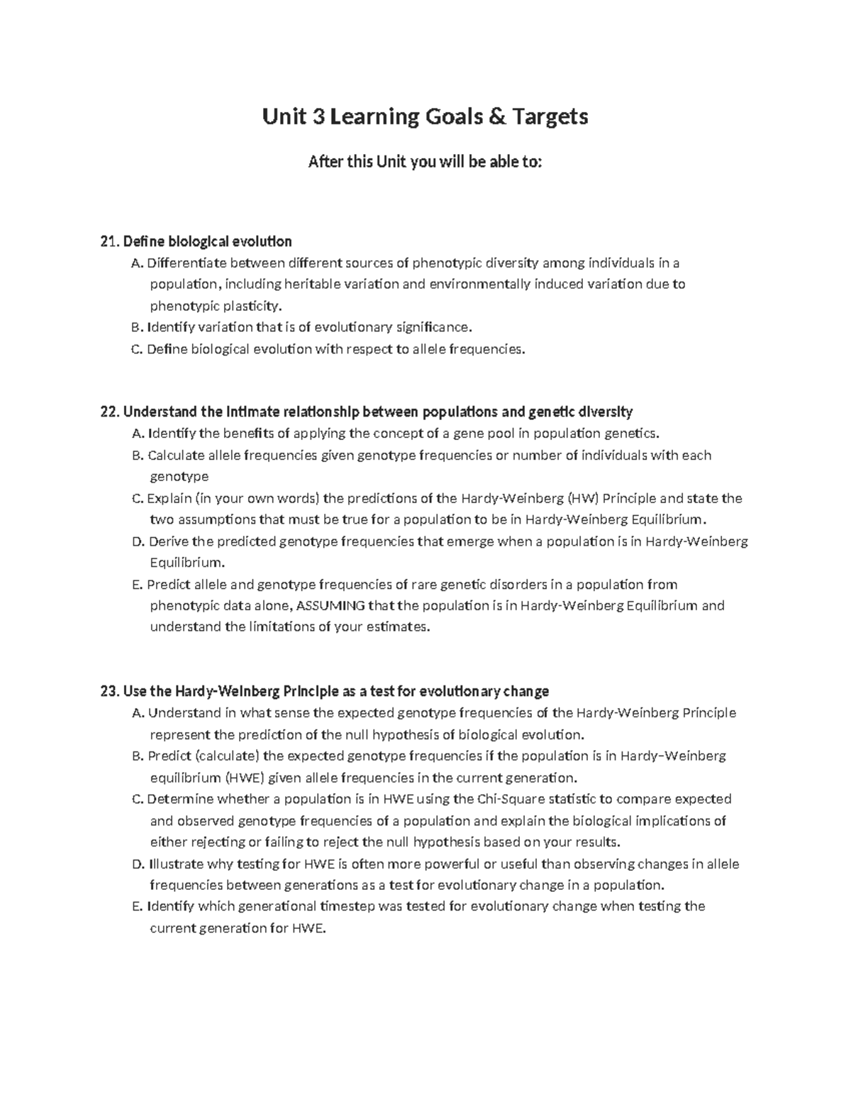 Unit 3 Learning Goals & Targets in Biology Evolution Concepts - Studocu