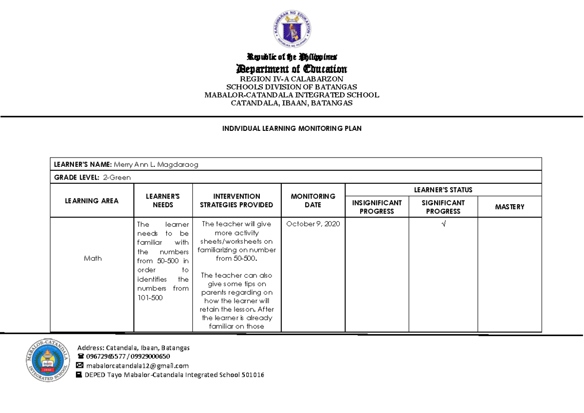 Individual Learning Monitoring PLAN - Department of Education REGION IV ...