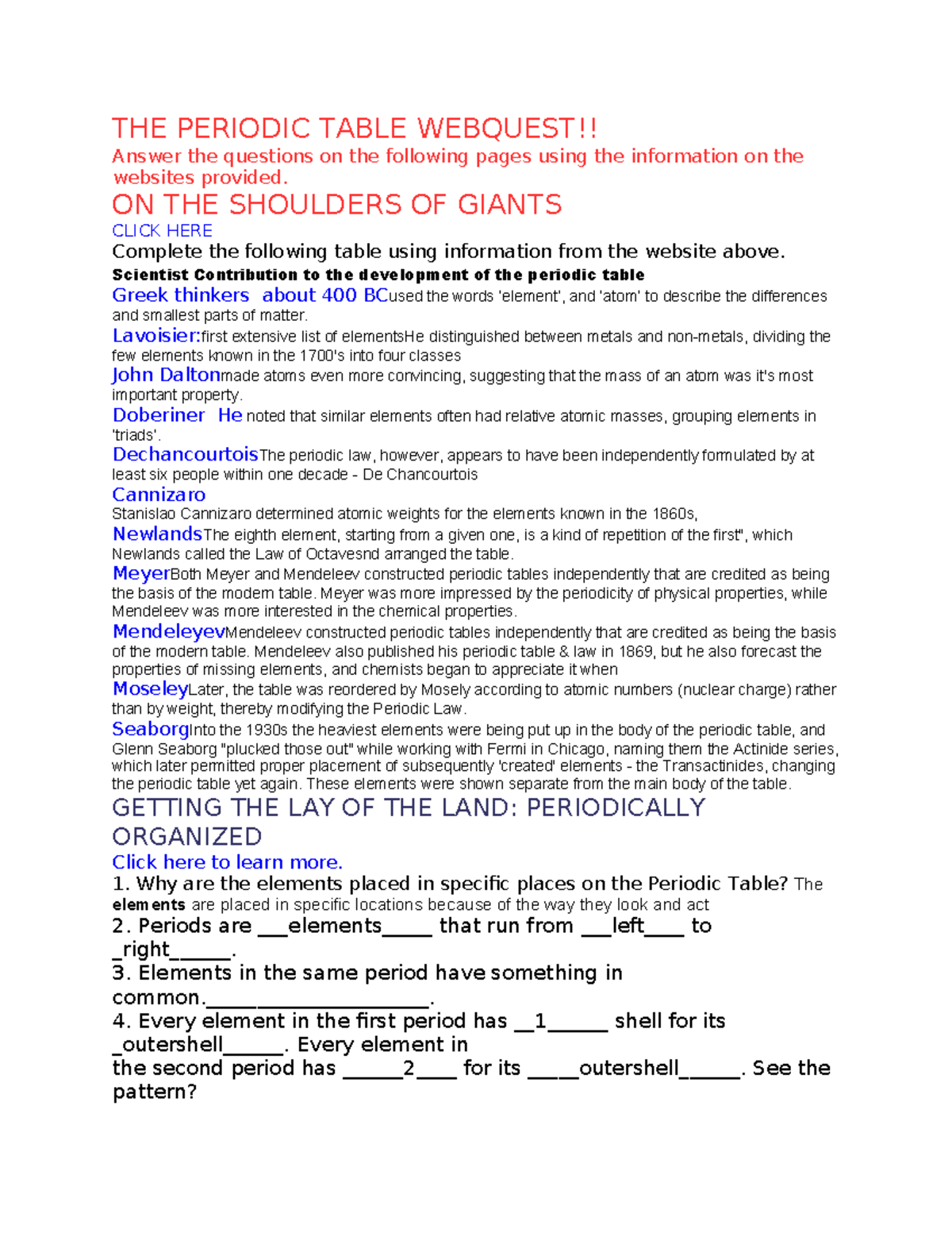 The periodic table webquest - THE PERIODIC TABLE WEBQUEST!! Answer the ...