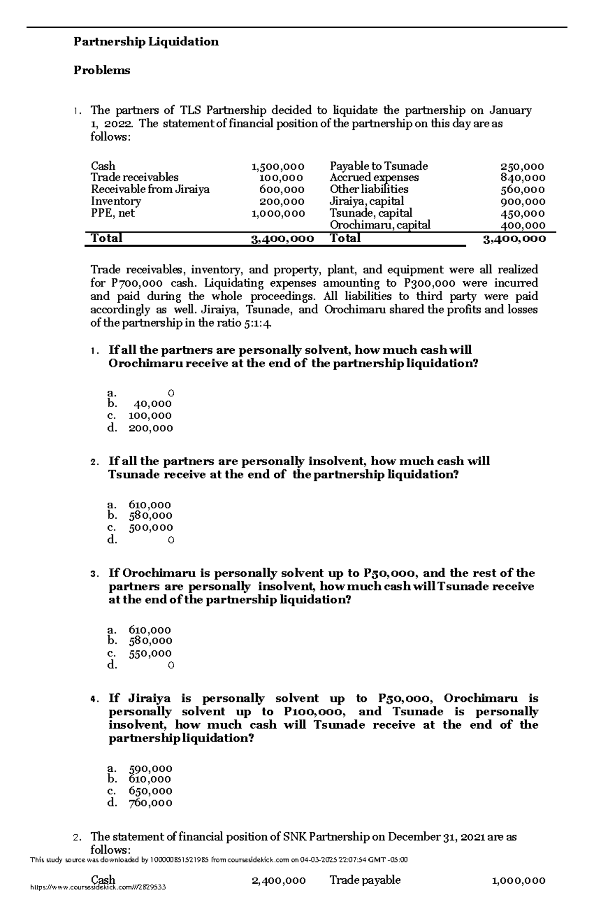 Partnership Liquidation Problems: TLS & SNK Partnerships Analysis - Studocu